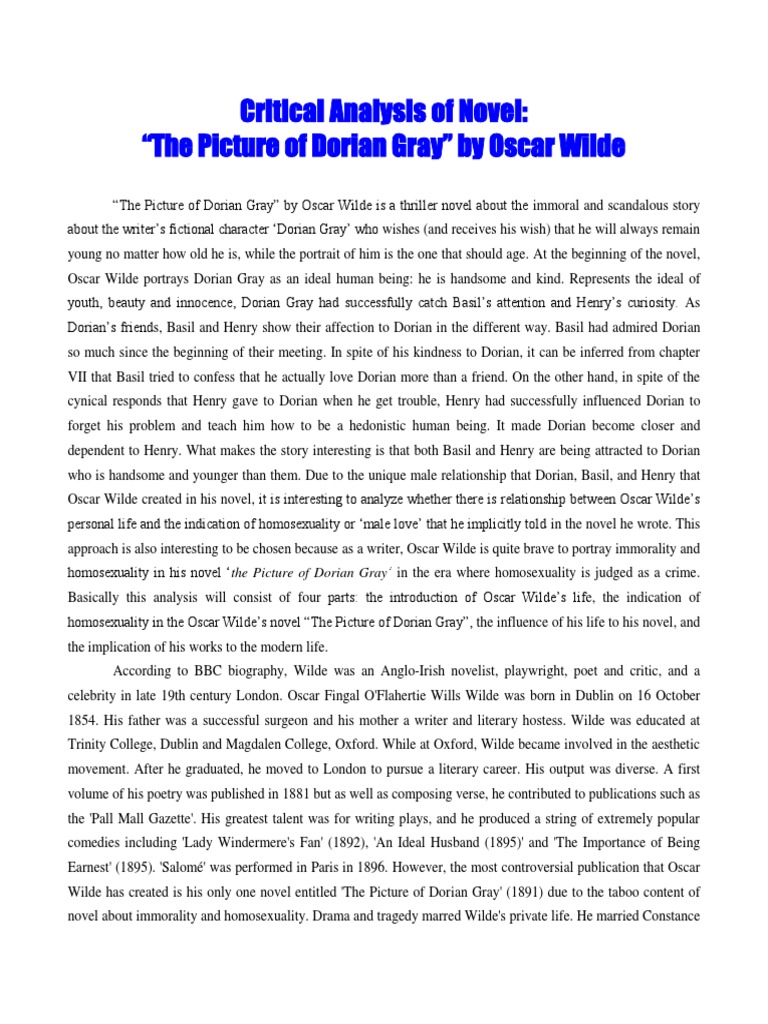 Critical Analysis of Novel: "The Picture of Dorian Gray" by Oscar Wilde ...