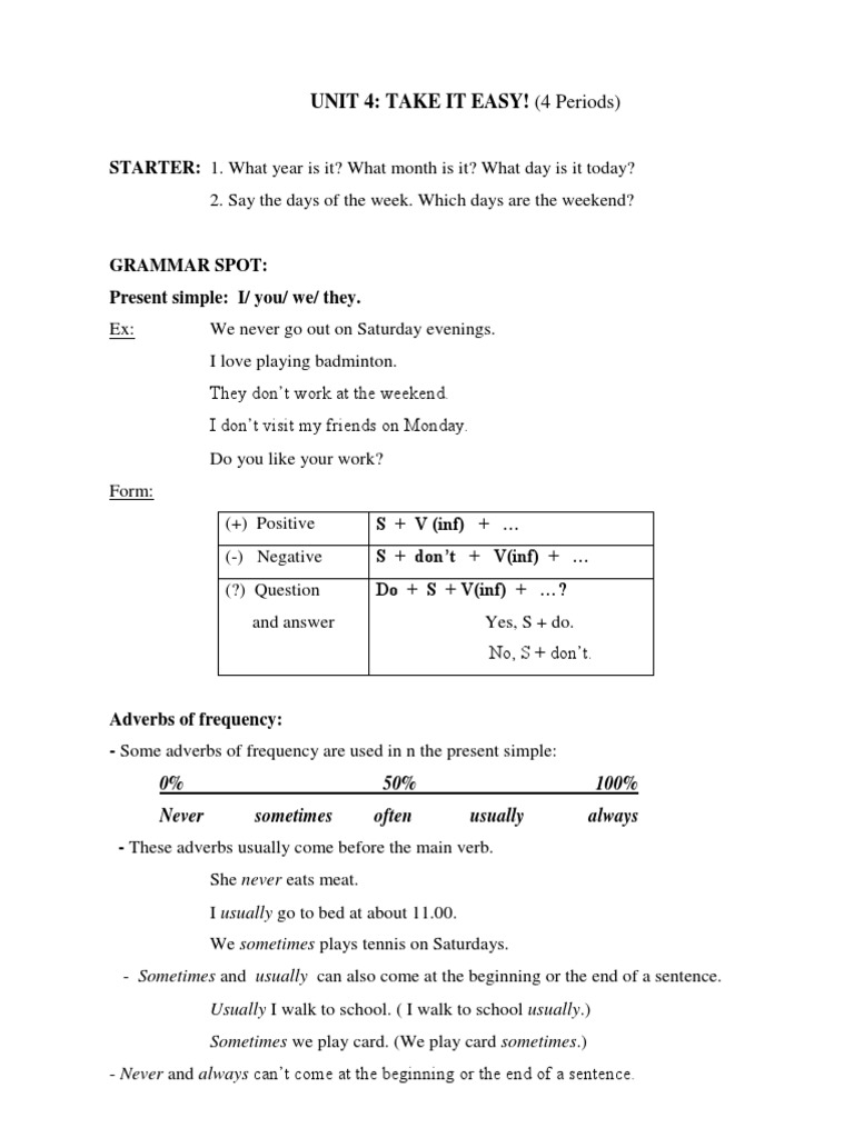 UNIT 4 Elementary | PDF | Workweek And Weekend | Linguistics