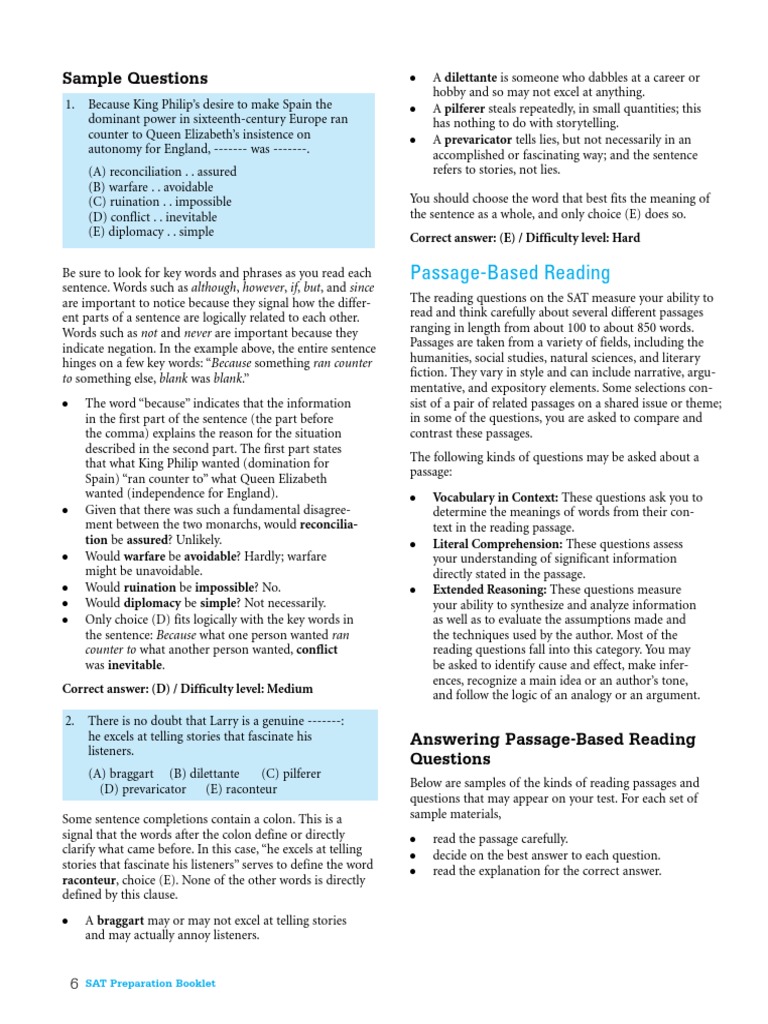 Passage-Based Reading: Sample Questions | PDF | Reading Comprehension ...