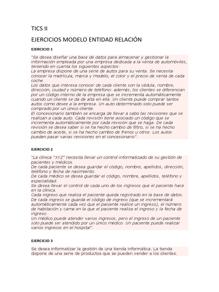 Tarea Ejercicios Modelo Entidad Relacion | PDF | Coche | Bases de datos