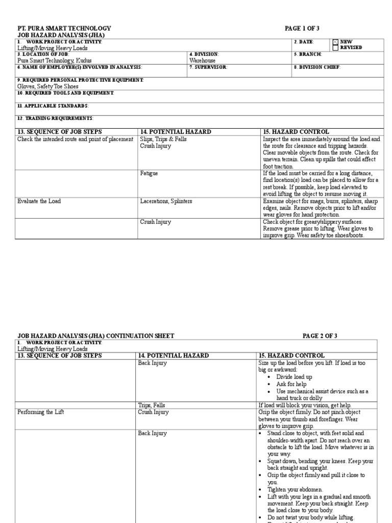 JSA Lifting-Moving Heavy Objects | PDF | Personal Protective Equipment | Safety