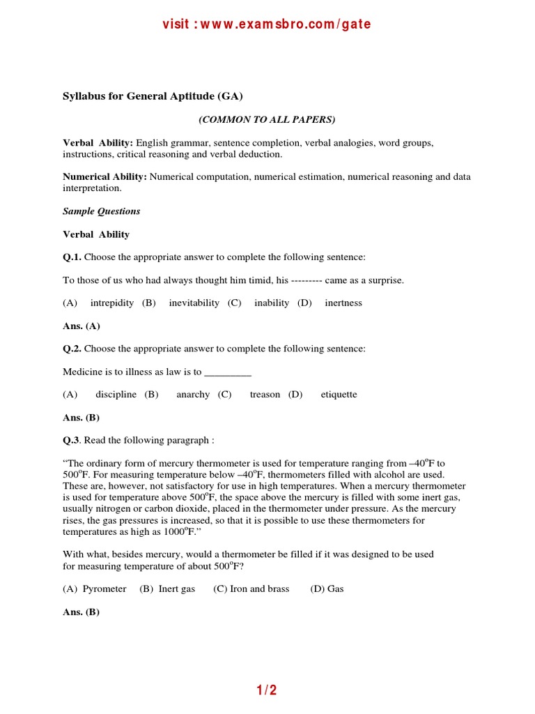 GATE General Aptitude Syllabus | PDF | Thermometer | Temperature
