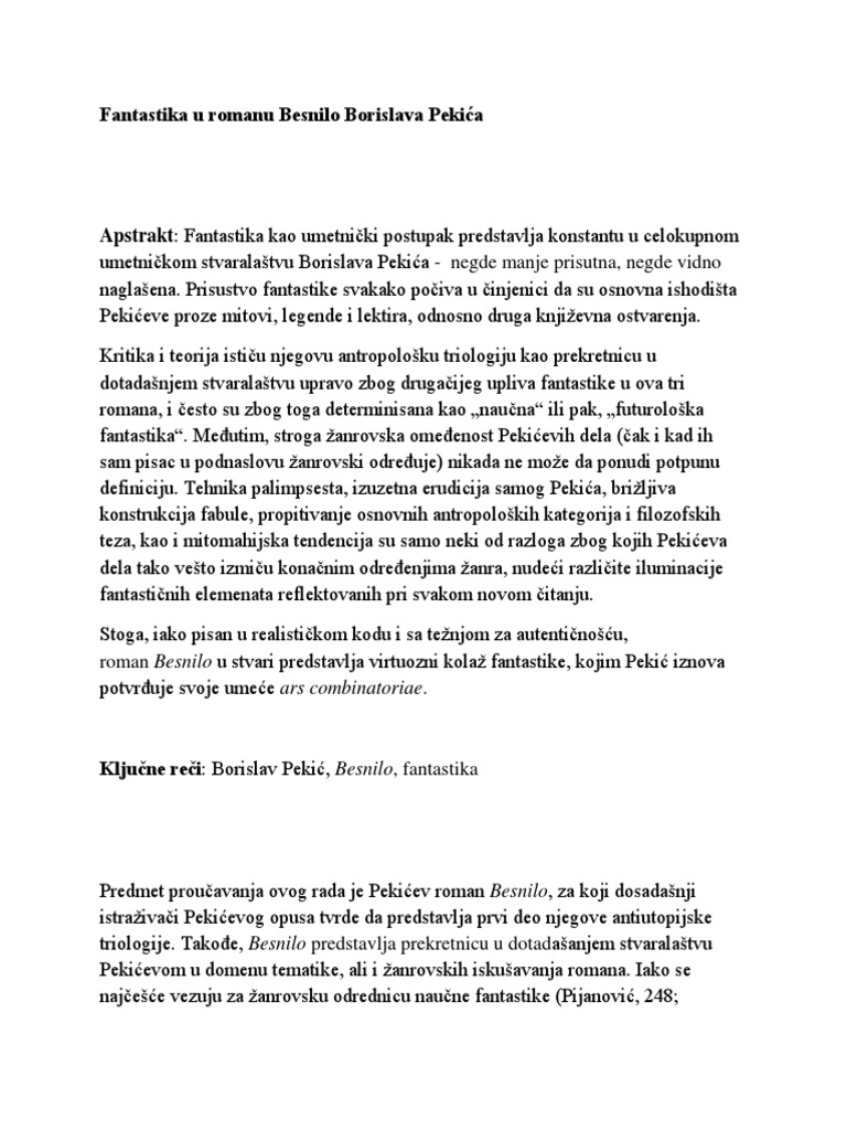 Fantastika U Romanu Besnilo Borislava Pekića | PDF