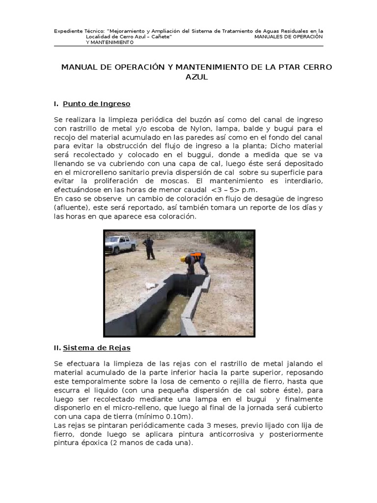 Manual PTAR Cerro Azul: Operación y Mantenimiento | PDF | Aguas residuales | Colector de aguas ...