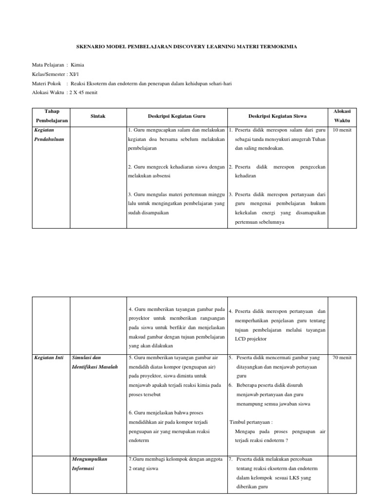 Skenario Model Pembelajaran Discovery Learning Materi Termokimia | PDF