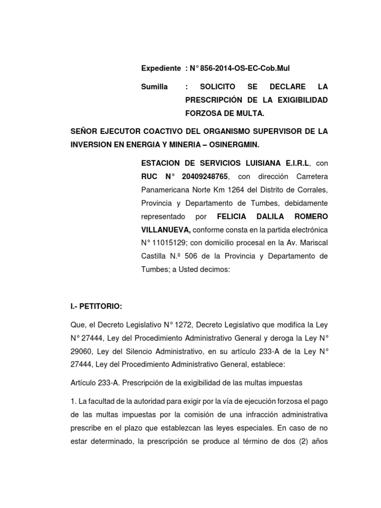 Prescripcion de Multa Expediente Coactivio 856-2014 | PDF | Estatuto de ...
