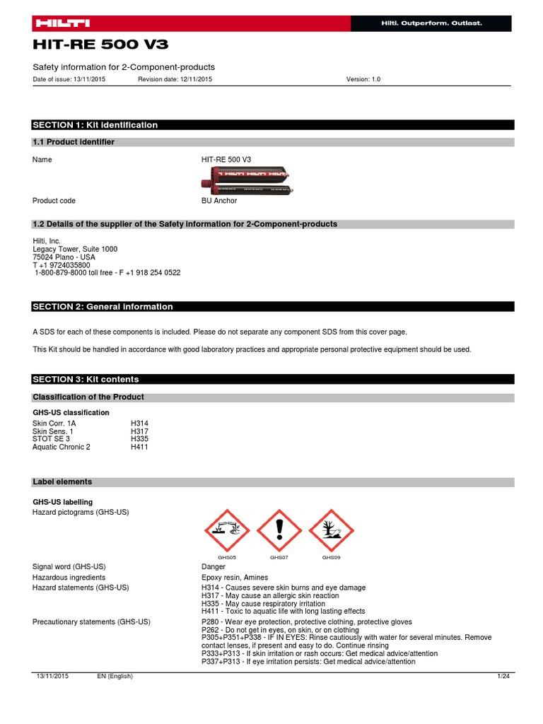 Safety Data Sheet SDS For HIT-RE 500 V3 Epoxy Adhesive Documentation ...