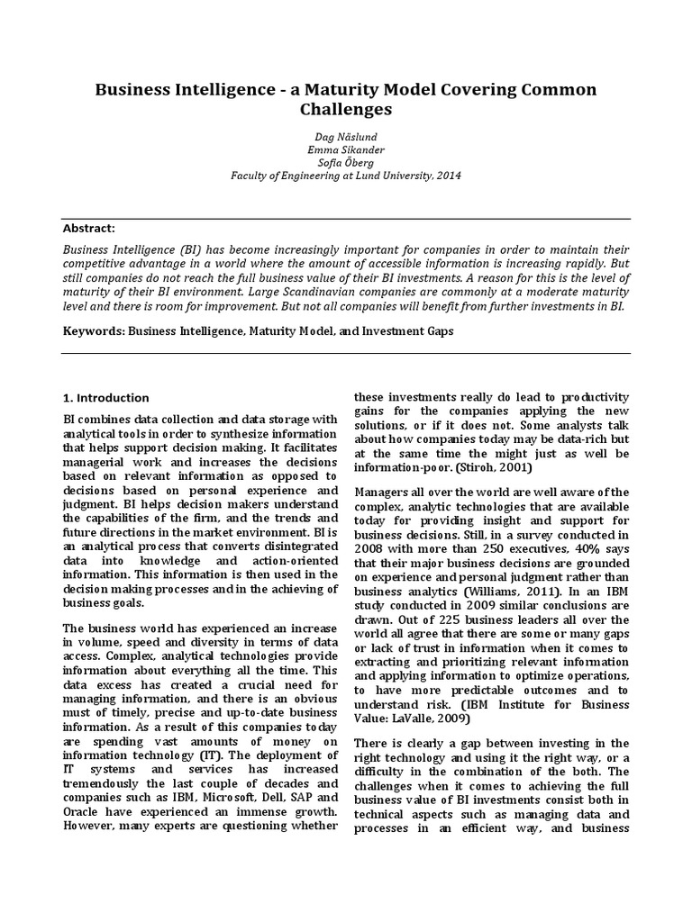 Business Intelligence A Maturity Model Covering Common PDF | PDF ...