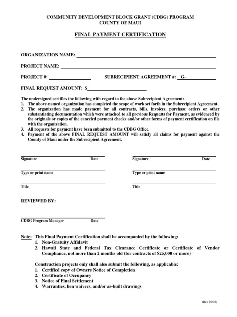 Final Payment Certif - TEMPLATE | PDF