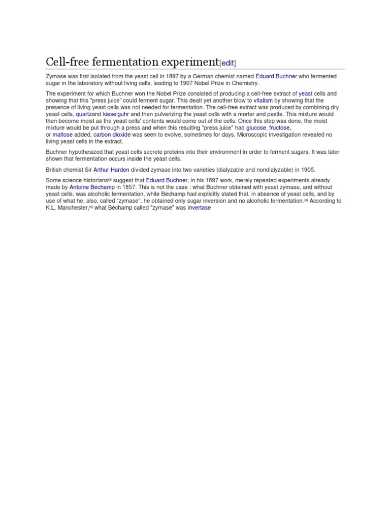 Discovery of Cell-Free Fermentation: Eduard Buchner's Nobel Prize ...