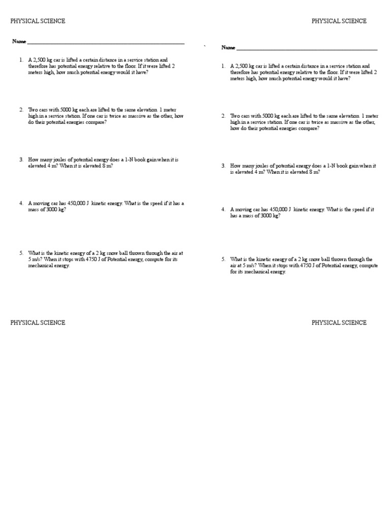 Mechanical Energy Worksheet | PDF | Potential Energy | Kinetic Energy