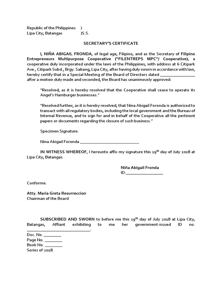 Secretary's Certificate | PDF