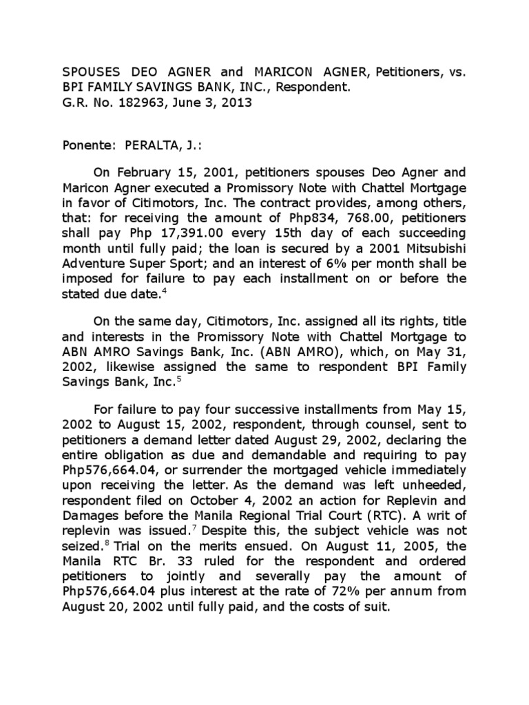 BPI Loan Default Ruling on Agner Case | PDF | Promissory Note ...