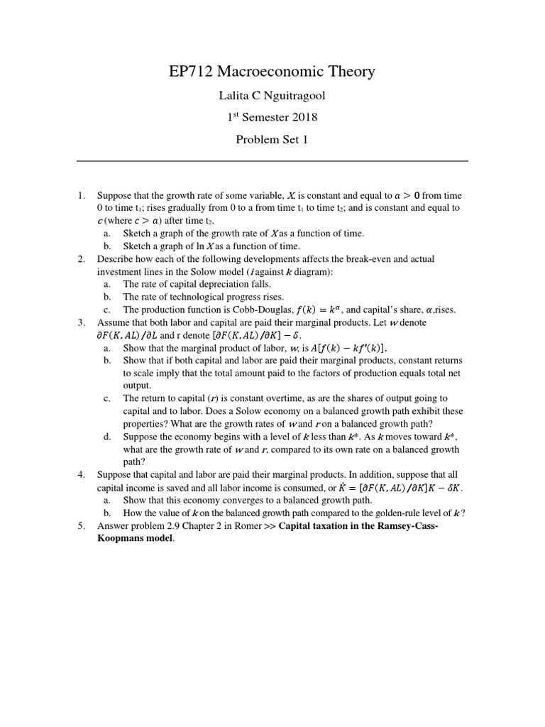 EP712 Macroeconomic Theory: Lalita C Nguitragool 1 Semester 2018 Problem Set 1 | PDF