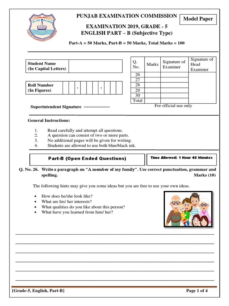Punjab Examination Commission 2019 5th Class English Part B Subjective ...