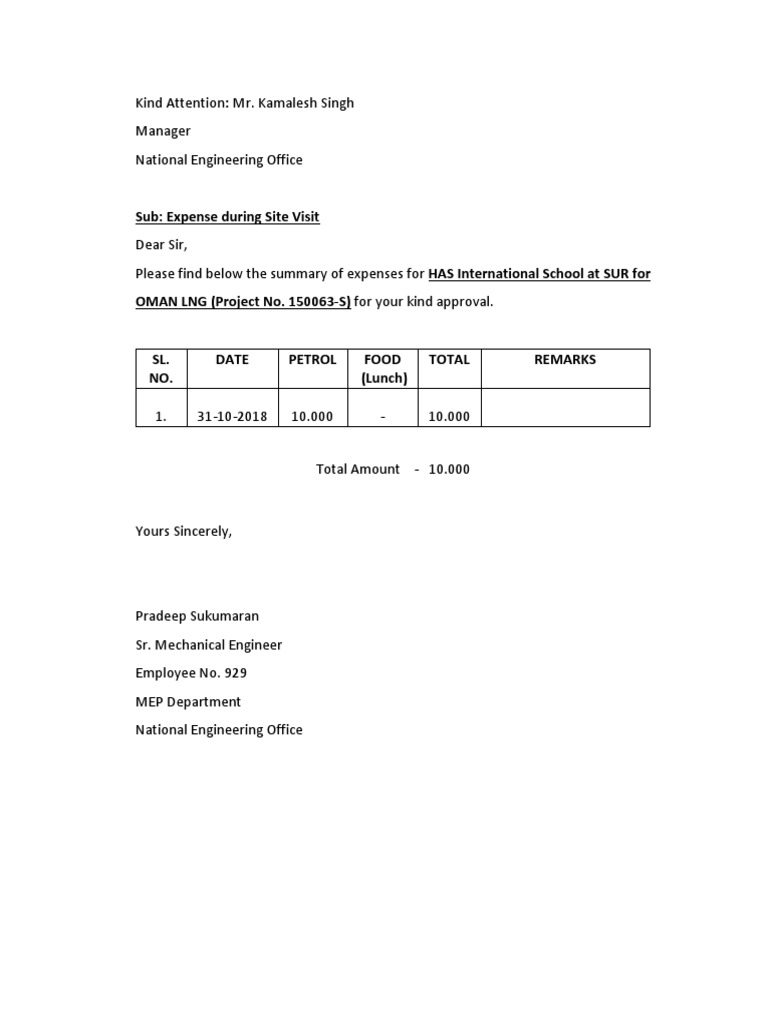 Sub: Expense During Site Visit | PDF