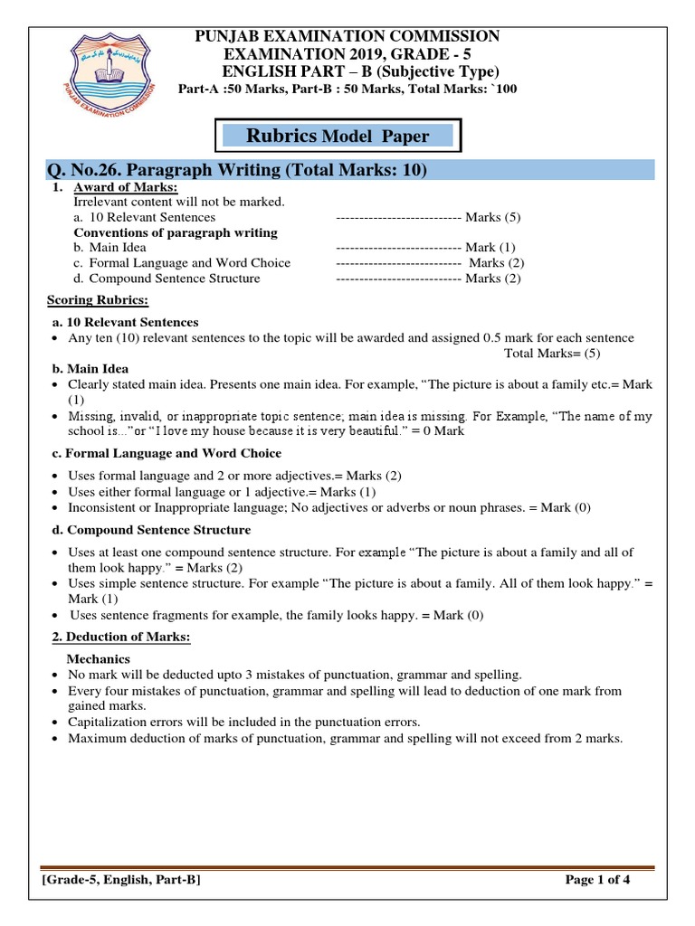 Punjab Examination Commission 2019 5th Class English Part B Subjective ...