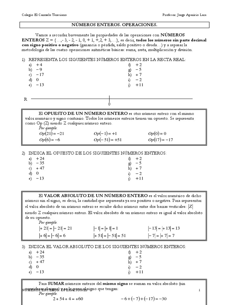 Operaciones con Números Enteros: Guía Completa | PDF | Entero ...