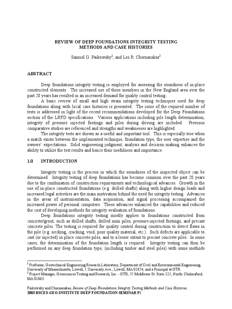 Review of Deep Foundations Integrity Testing Methods and Case Histories ...
