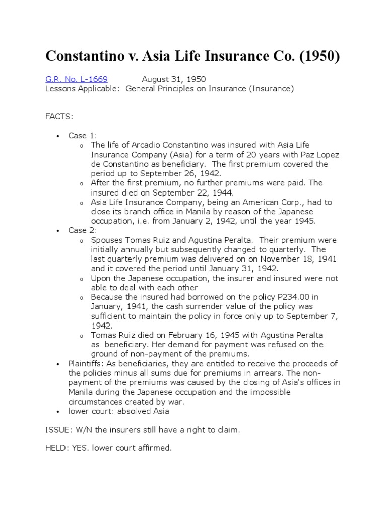 Constantino v. Asia Life Insurance Co. (1950) : G.R. No. L-1669 | PDF ...