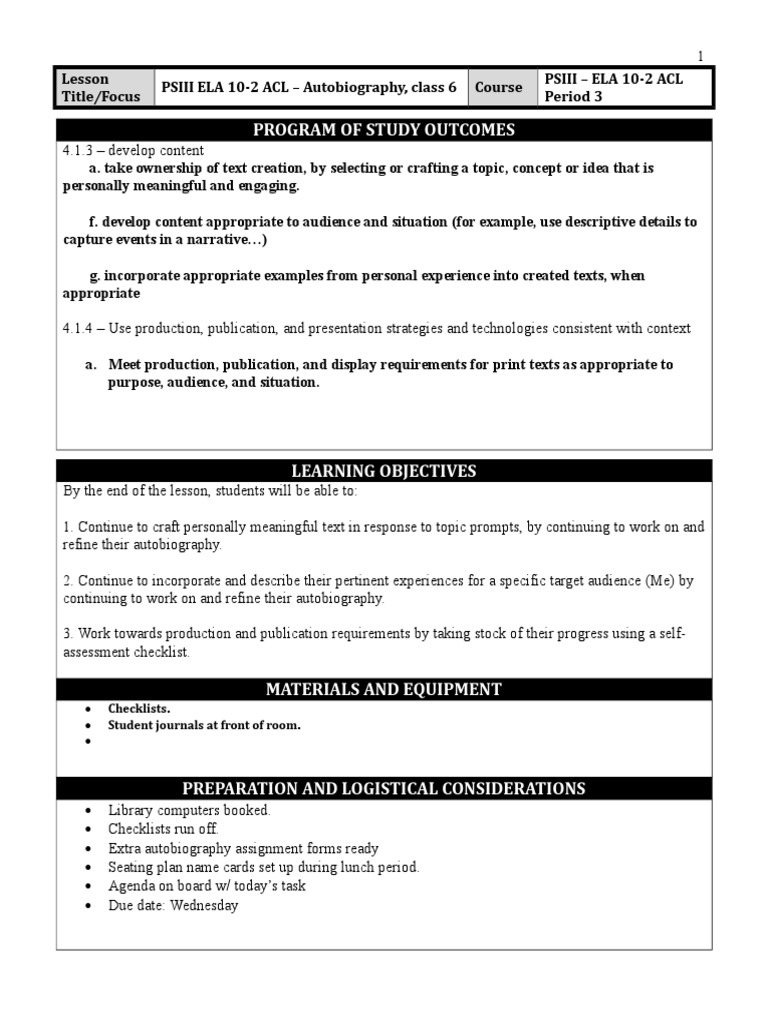 Psiii Ela 10-2 Acl - LP - Autobiography Final Class | PDF | Cognition ... Psiii Ela 10-2 Acl - LP - Autobiography Final Class | PDF | Cognition ...