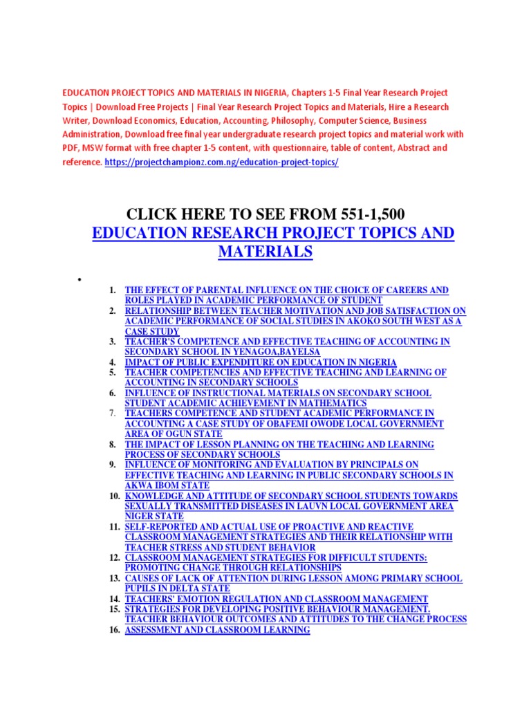 Education Project Topics in Nigeria | PDF | Schools | Teachers