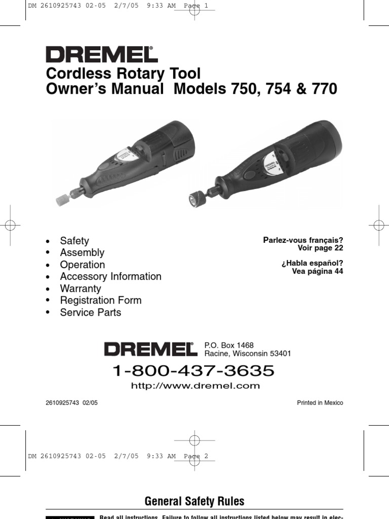 Dremel Cordless Tool Manual 750, 754, 770 | PDF | Battery Charger | Drill