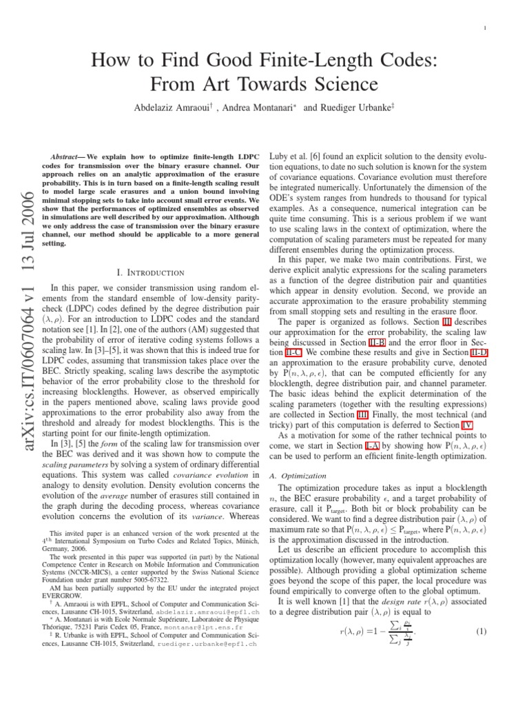 How To Find Good Finite-Length Codes: From Art Towards Science | PDF | Low Density Parity Check ...