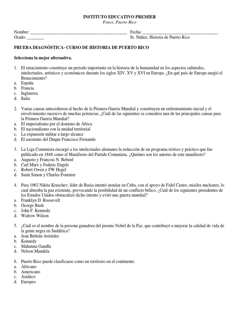 Prueba Diagnóstica: Historia de Puerto Rico | PDF | Feudalismo ...
