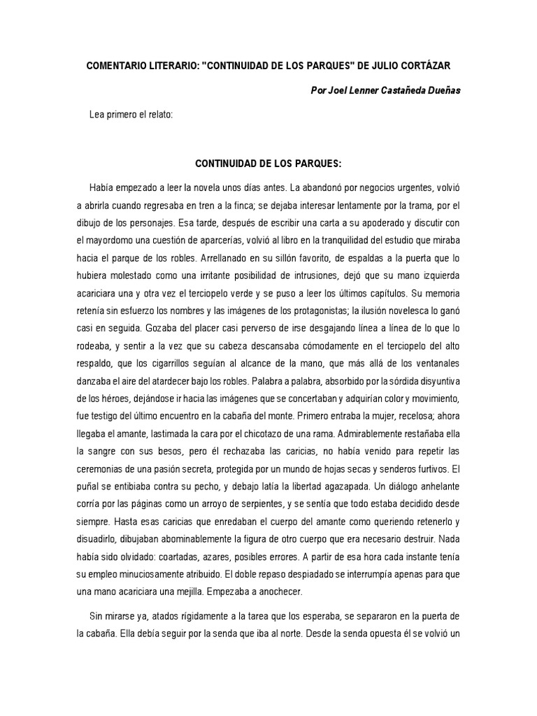 Comentario Literario de Continuidad de Los Parques de Julio Cortázar ...