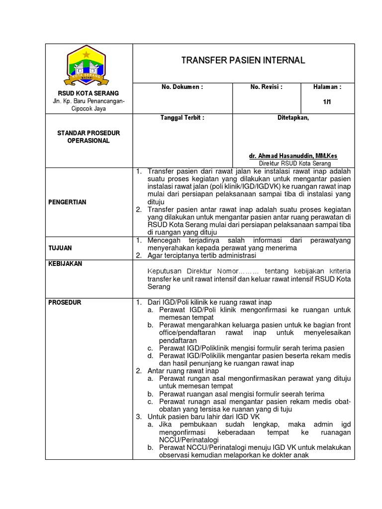 Sop Transfer Pasien Internal | PDF