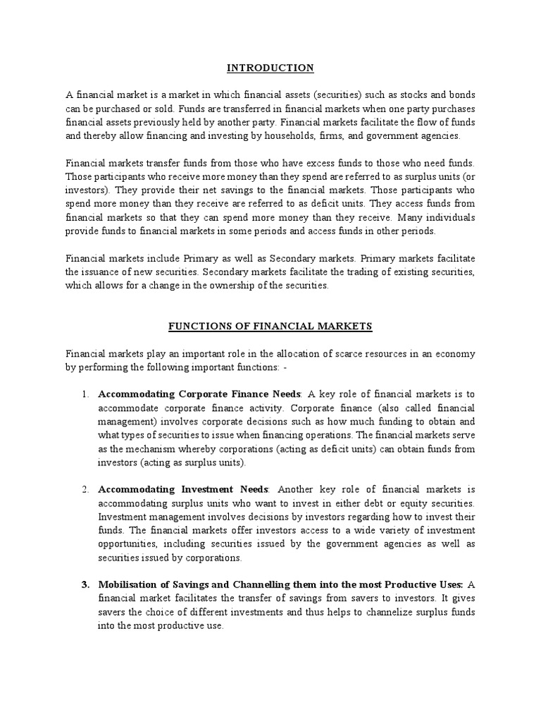 Overview of Financial Markets and Functions | PDF | Financial Markets ...