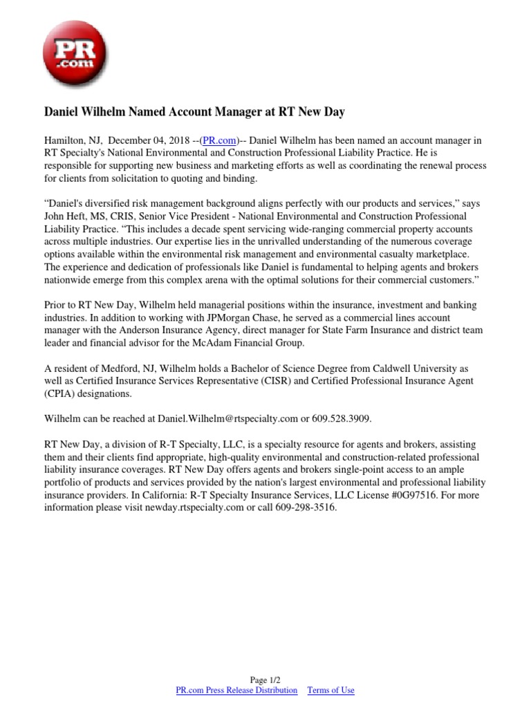 Daniel Wilhelm Joins RT New Day | PDF | Insurance Broker | Insurance
