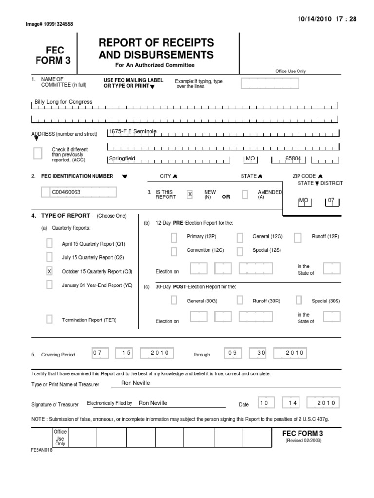 FEC Form 3 Report: Receipts & Disbursements | PDF | Political Action ...