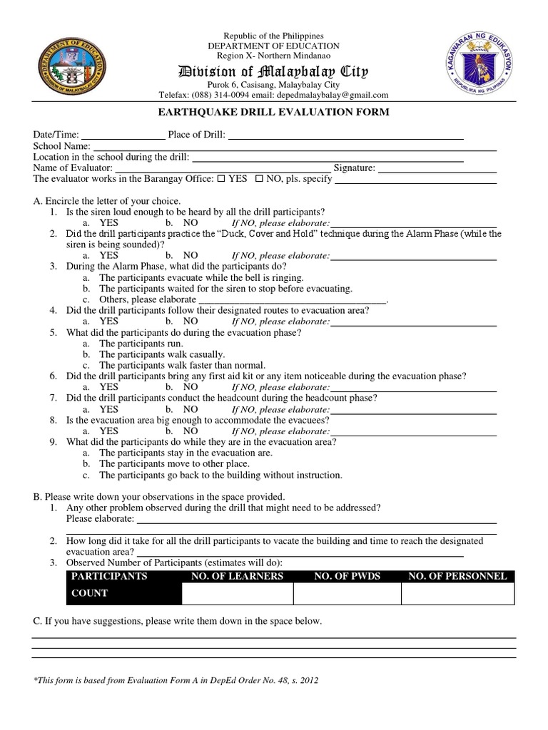Earthquake Drill Evaluation Form | PDF