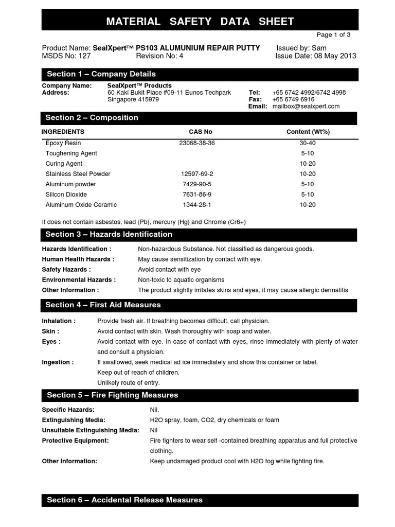 MSDS - Sealxpert PS103 Alumunium Repair Putty Rev 4 PDF | PDF ...