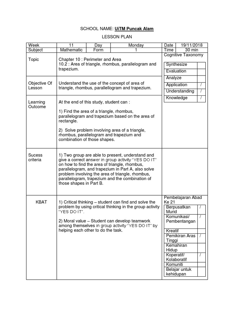 Lesson Plan Area | PDF | Area | Rectangle