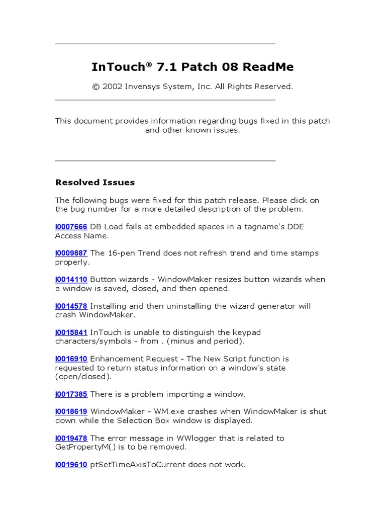 Intouch 7.1 Patch 08 Readme: Resolved Issues | PDF | Parameter ...