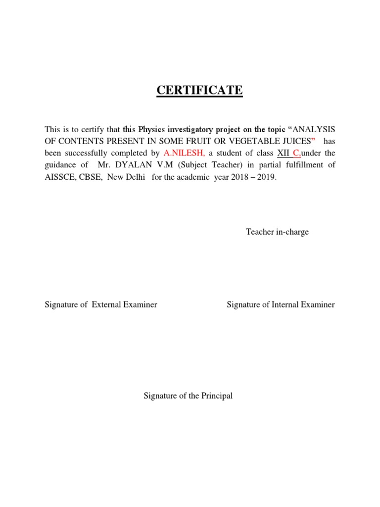 Certificate For 12th Investigatory Project | PDF