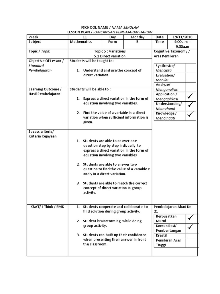 Lesson Plan Variations | PDF | Equations | Lesson Plan
