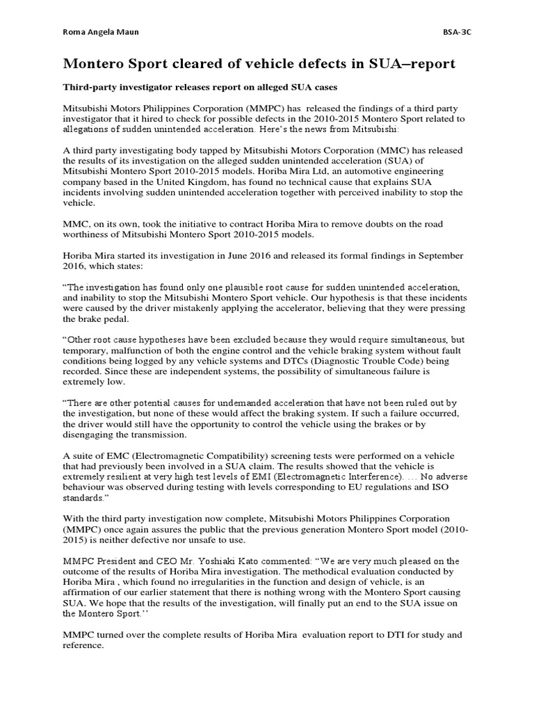 Montero Sport Cleared of Vehicle Defects in SUA-report: Third-Party ...