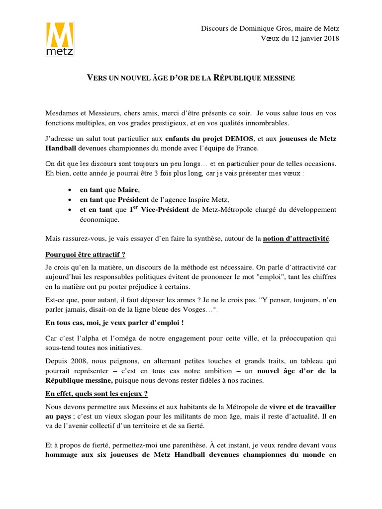 Discours de Dominique Gros Maire de Metz Voeux Du 12 Janvier 2018 ...