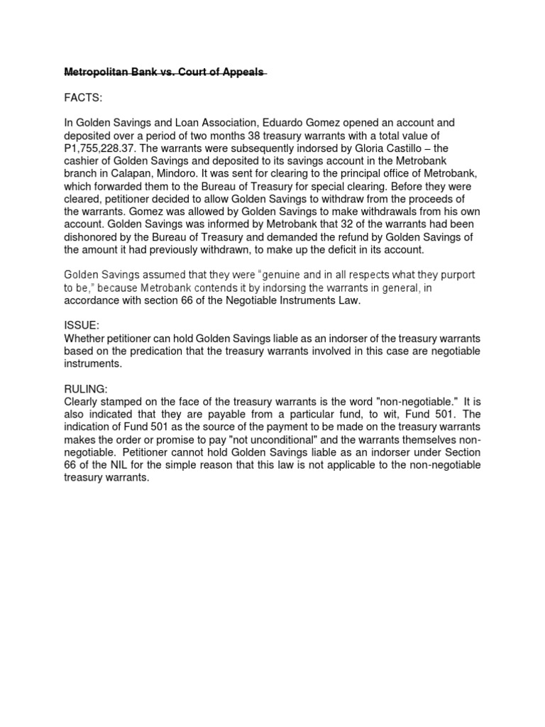 Metropolitan Bank vs. Court of Appeals | PDF | Negotiable Instrument ...