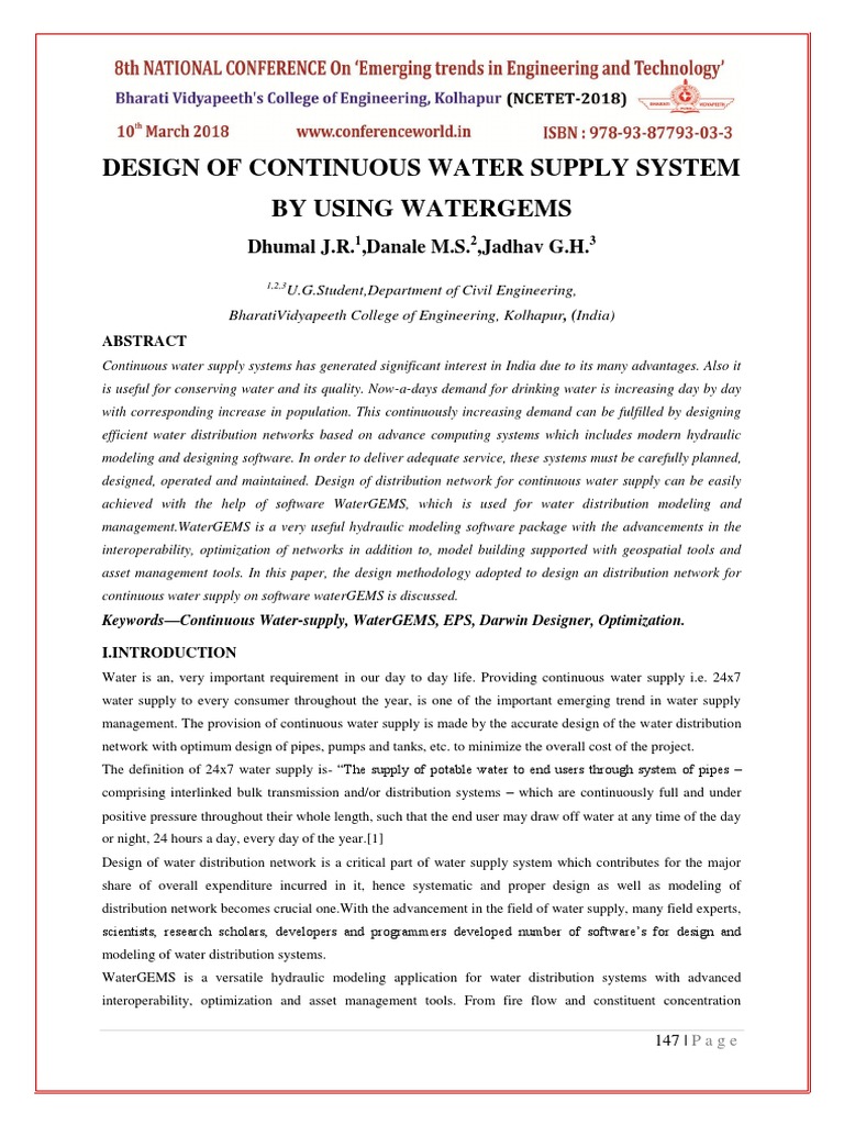 Design of Continuous Water Supply System by Using Watergems: Dhumal J.R ...