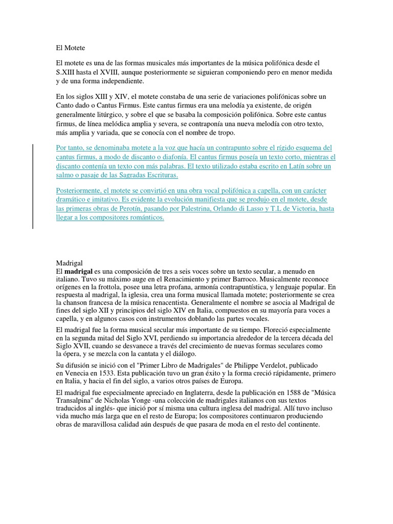 Evolución del Motete y Madrigal | PDF | Musicología | Música clásica
