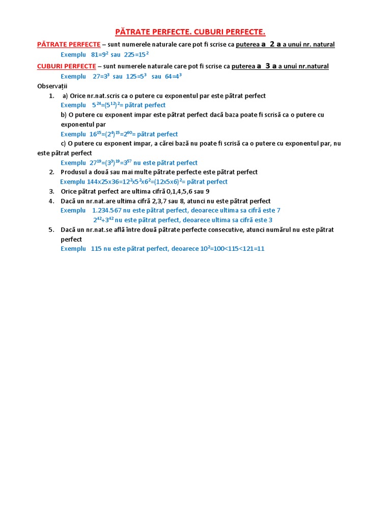 Pătrate Perfecte - Cuburi Perfecte - Cls 5 Sem1 | PDF