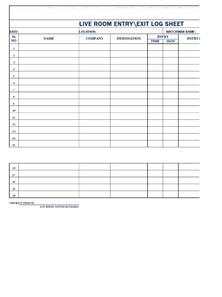 Live Room Entry/Exit Log Sheet | PDF