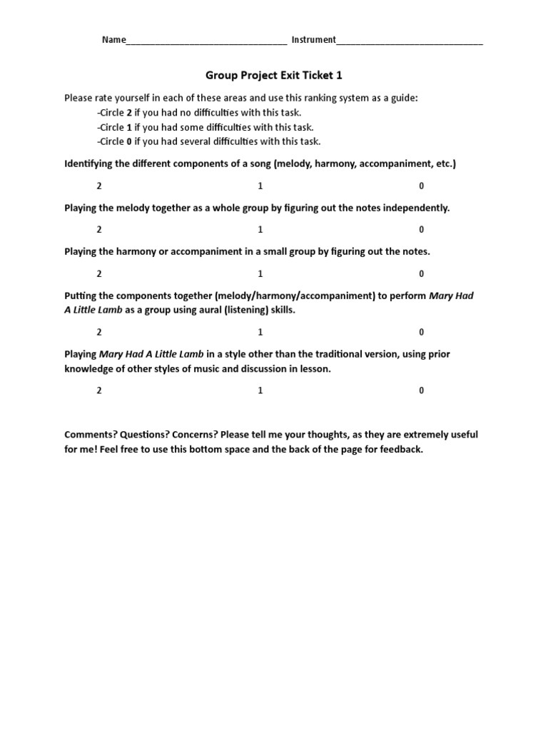 Group Project Exit Ticket for Music Skills | PDF | Art