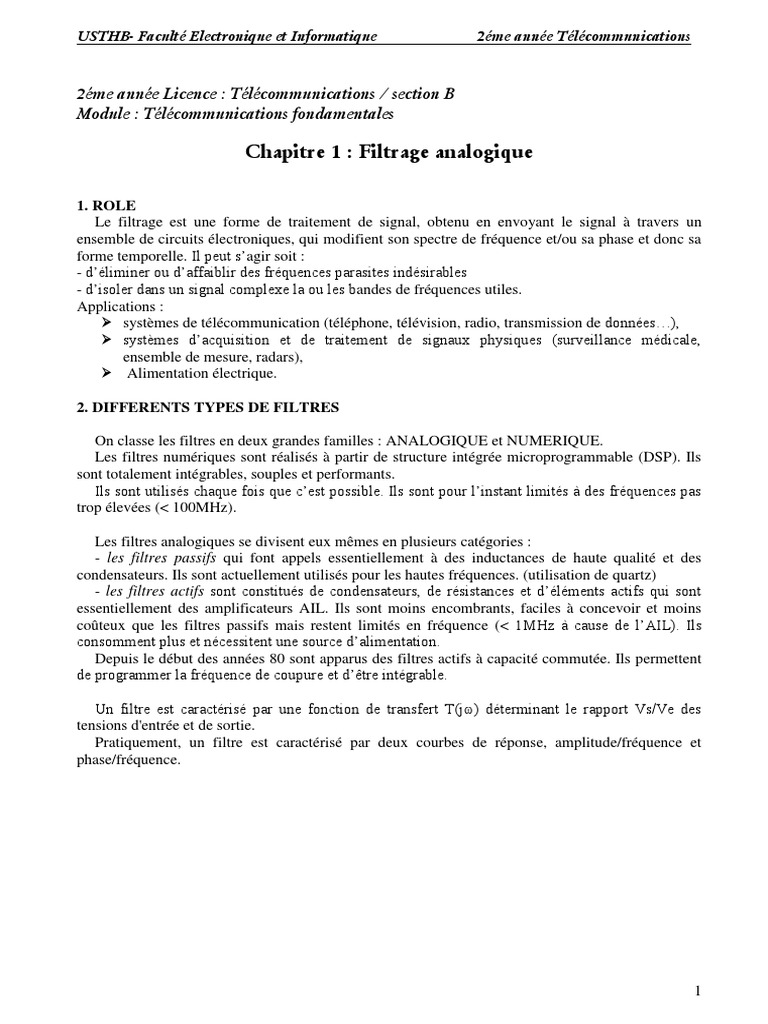 Introduction au Filtrage Analogique | PDF | Filtre (électronique ...
