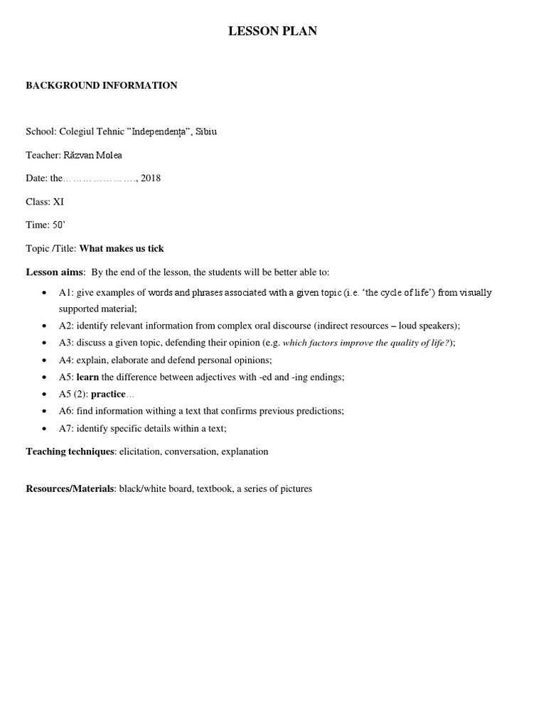 Lesson Plan, 11B - What Makes Us Tick - 2018 | PDF | Lesson Plan ...